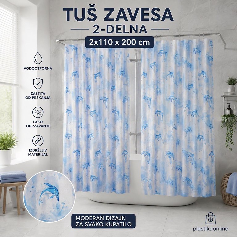 Dvodelna zavesa za kupatilo Dolphin 2x110x200 cm