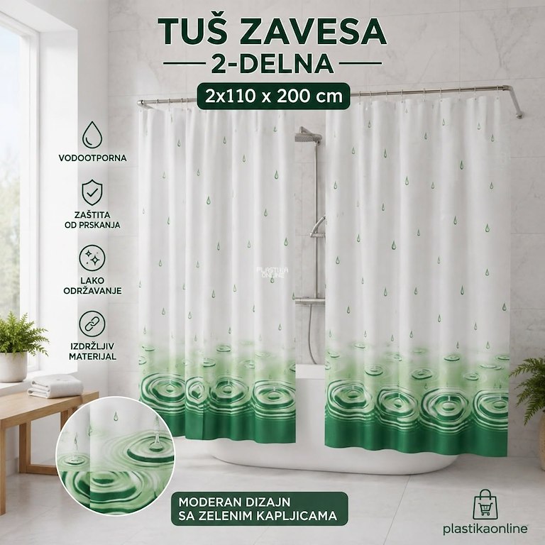 Dvodelna zavesa za kupatilo DROP Green 2x110x200 cm