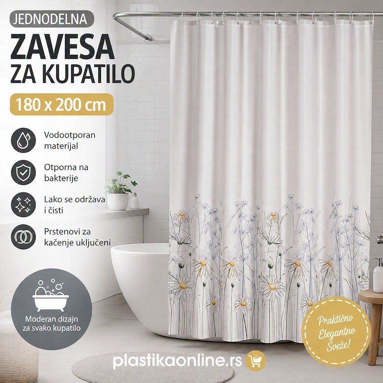 Jednodelna zavesa za kupatilo 180×200 cm Daisy