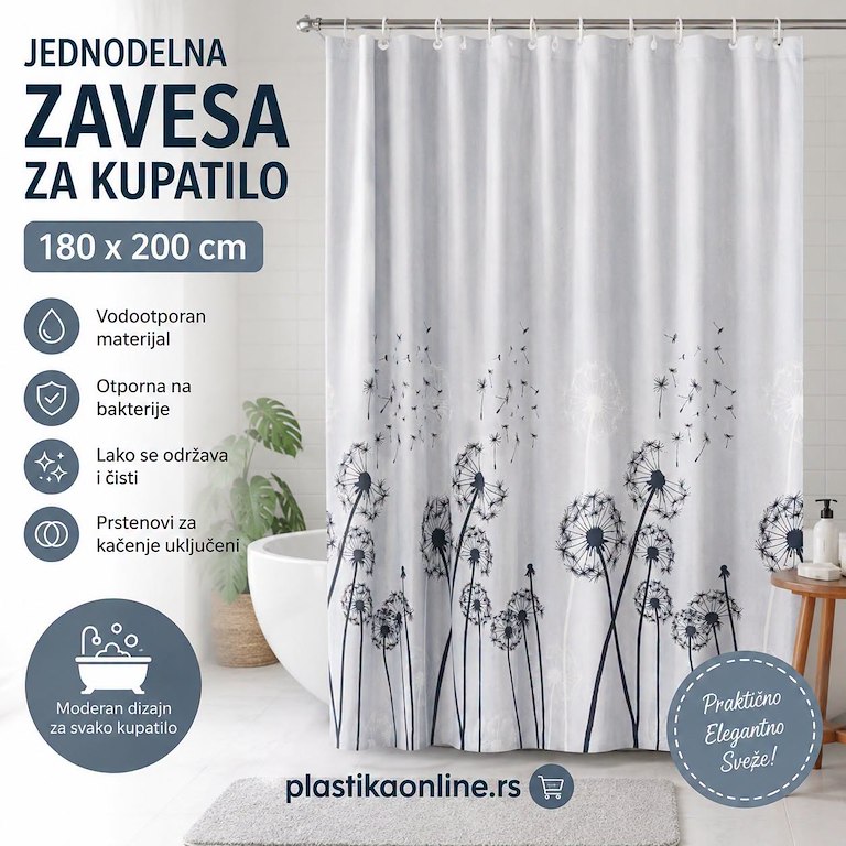 Jednodelna zavesa za kupatilo 180×200 cm Dandellion