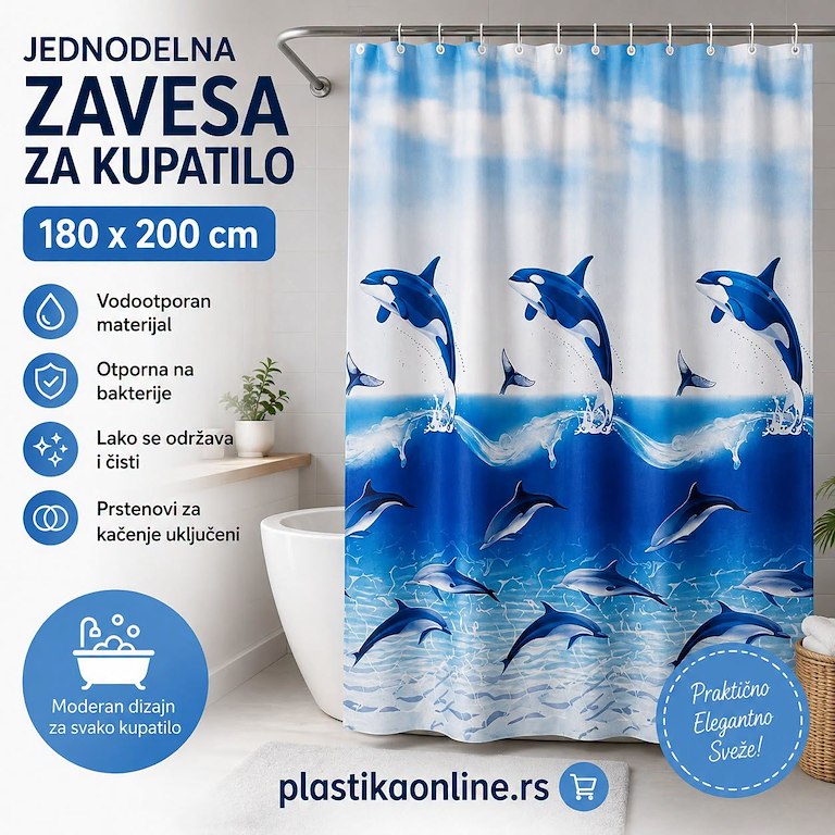 Jednodelna zavesa za kupatilo 180×200 cm ORCA