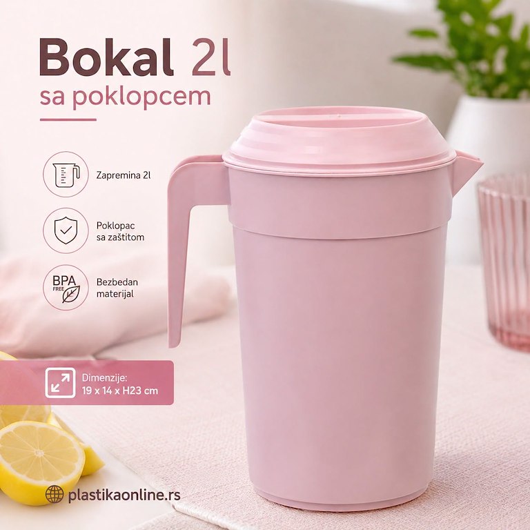 Bokal 2L sa poklopcem – 19x14xH23 cm puder roza