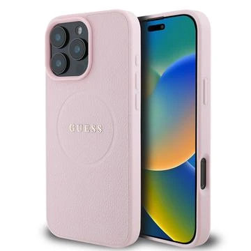 IPHONE 16 PRO GUESS GRAINED CLASSIC LOGO HYBRID CASE - MAGSAFE COMPATIBLE - PINK