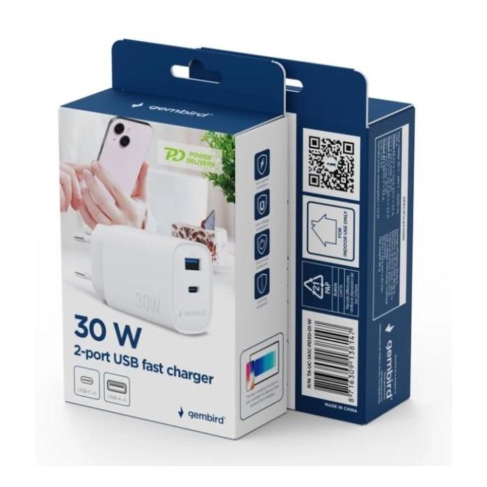 TA-UC-1A1C-PD30-01-W Gembird 2-port 30 W USB fast charger