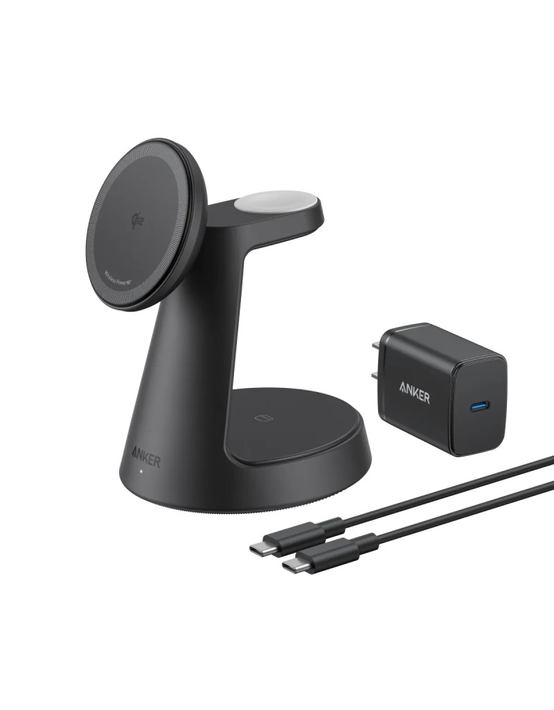 ANKER MagGo Bezicni Dock Stand 3u1, sa kablovima i zidnim punjacem, crni