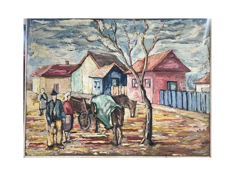 Seoski motiv sa konjskom zapregom - veliko ulje 92.5x69