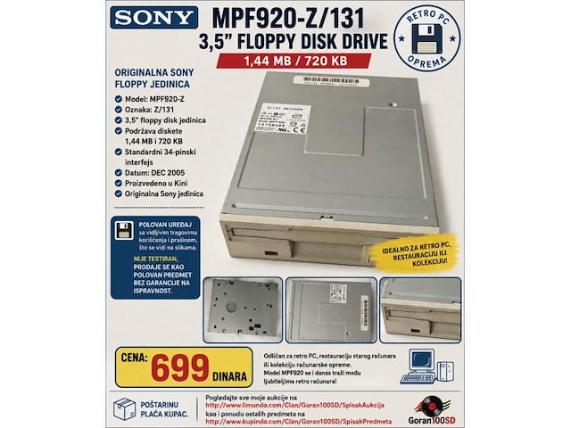 SONY MPF920-Z/131 3,5` FLOPPY DISK DRIVE – 1,44 MB