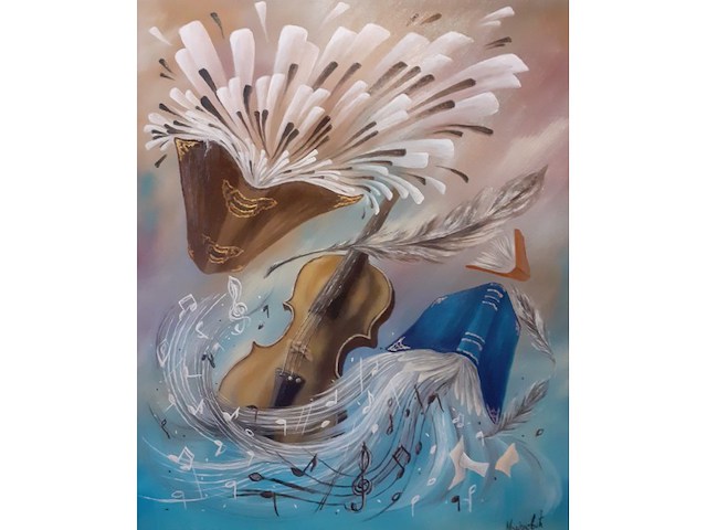 Slika,nadrealizam 3, muzika, violina, knjige, klavir