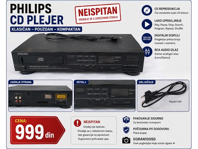 PHILIPS CD plejer – klasičan hi-fi model – NEISPITAN