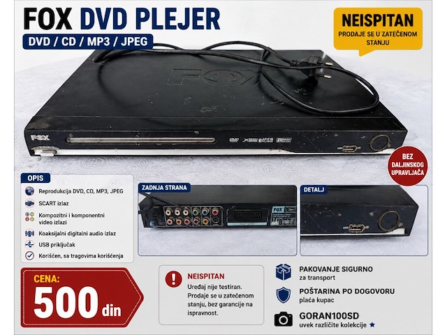 FOX DVD PLEJER – USB – SCART – NEISPITAN