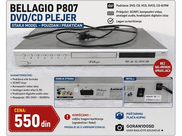 BELLAGIO P807 DVD/CD PLEJER – BEZ DALJINSKOG
