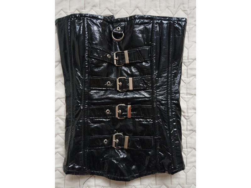 Nov PVC lakovani crni korset sa kaisicima, M-L