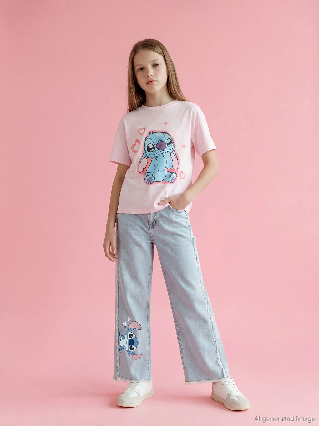 LCW Kids Dečije Široke Farmerke Sa Printom Stitch Za Devojčice