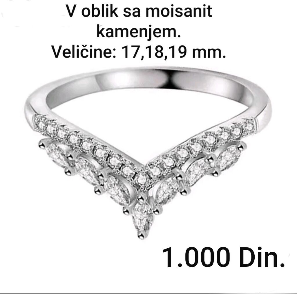 Posrebren prsten u V-obliku od hirurskog čelika sa moisanit kamenjem