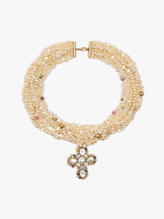 MULTI-COLLAR WITH FRESHWATER PEARLS AND CROSS PENDANT