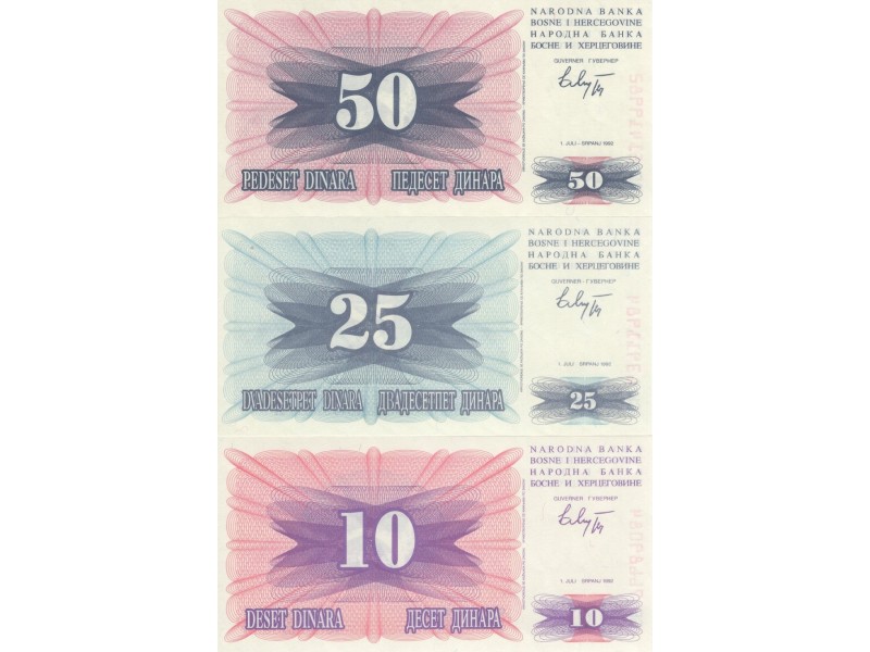 BOSNA I HERCEGOVINA lot 10, 25 i 50 Dinara 1992 UNC