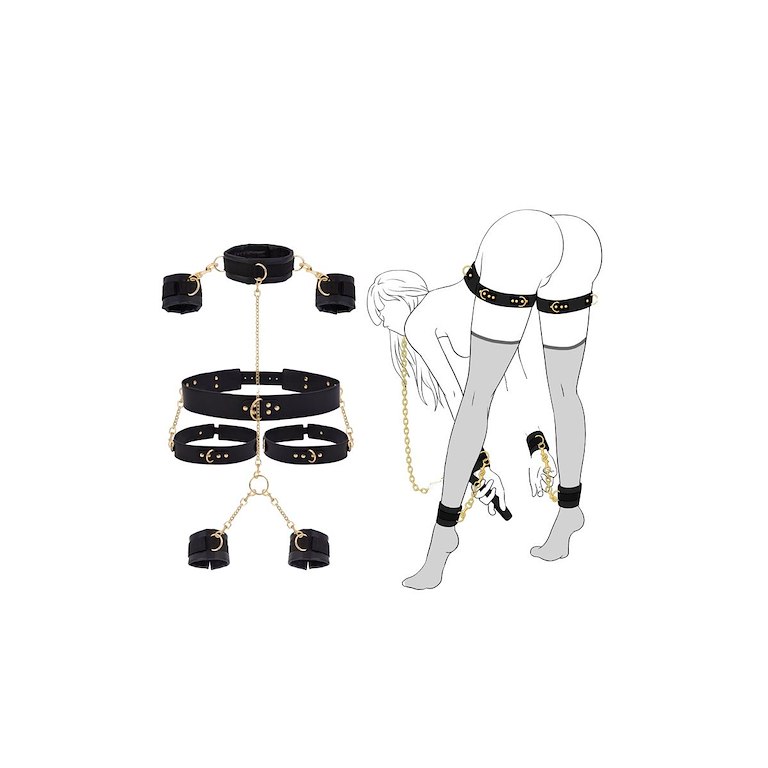 BDSM bondage set vrat, ruke, noge – crna koža i zlatni lanci za igru moći