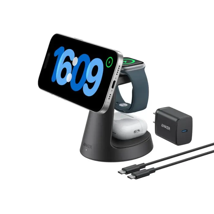 ANKER MagGo Bežični Dock Stand 3u1, sa kablovima i zidnim punjačem, crni