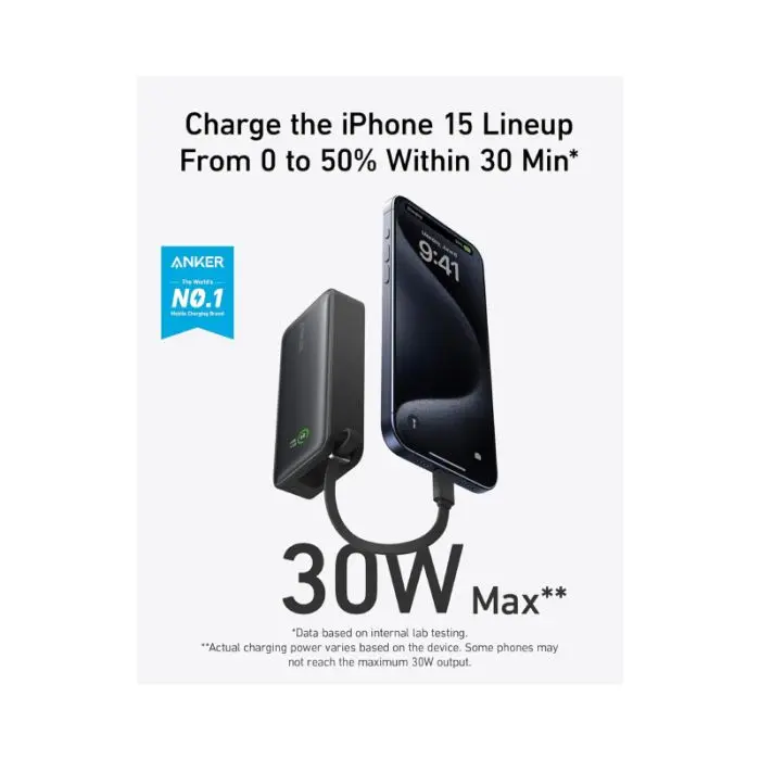 ANKER Nano 10000mAh, 30W, sa ugrađenim USB-C kablom, Power Bank crni