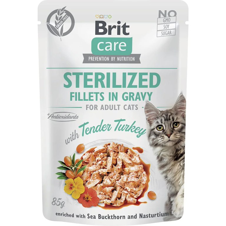 BRIT CARE Sterillized kesica, fileti u sosu s ćuretinom, 85% mesa, 85g