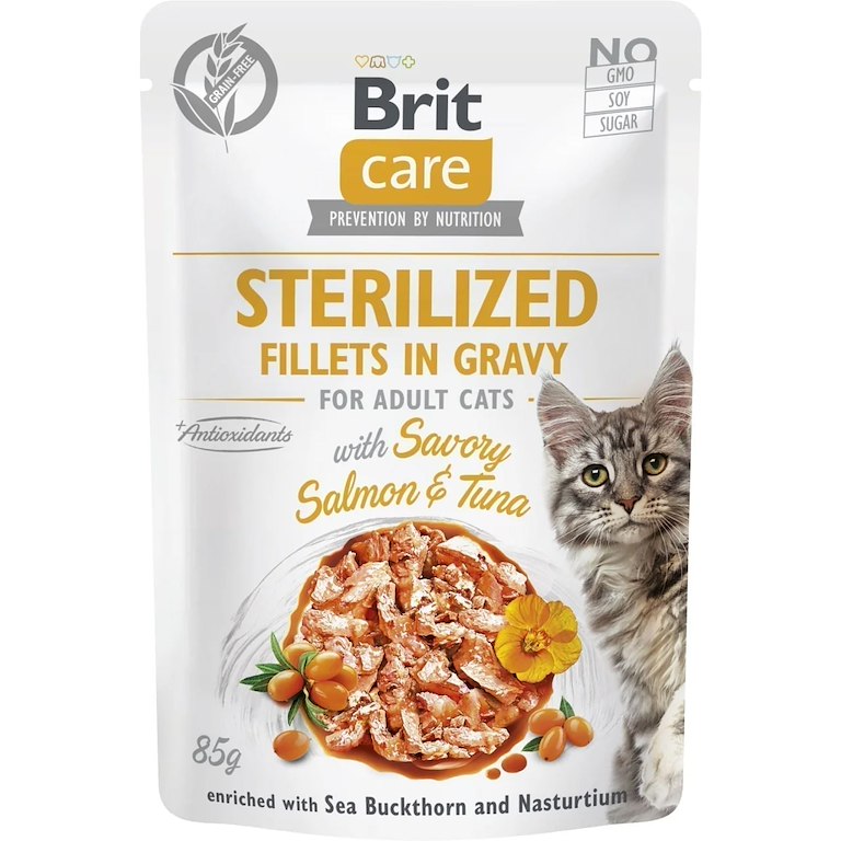 BRIT CARE Sterillized kesica, fileti u sosu sa lososom i tunom, 85% mesa, 85g