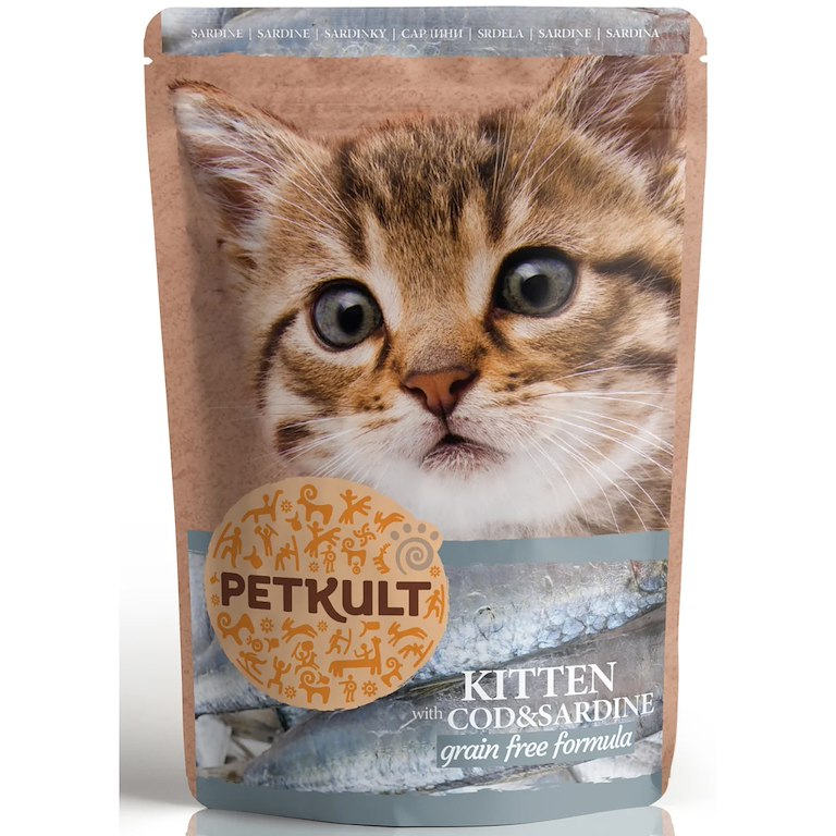 PETKULT kesica s mesnim komadićima, KITTEN bakalar i sardina, bez žitarica, 100g