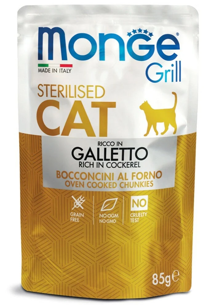 MONGE Grill Sos za sterilisane mačke, s mesom petlića, 85g