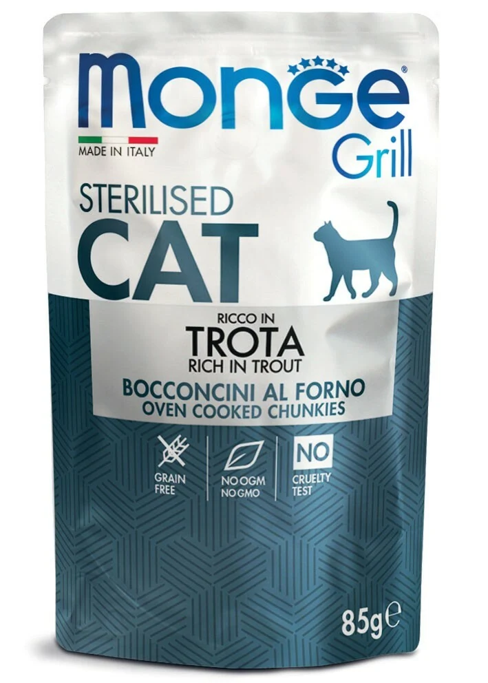 MONGE Grill Sos za sterilisane mačke, s pastrmkom, 85g
