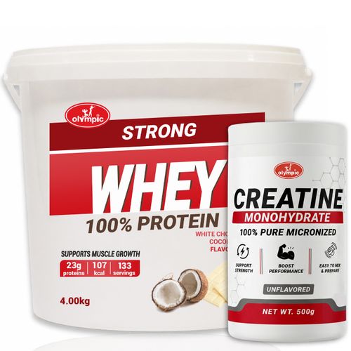 Olympic Strong 100% Whey Protein Bela čokolada i Kokos 4kg + Olympic Creatine Monohydrate 500g