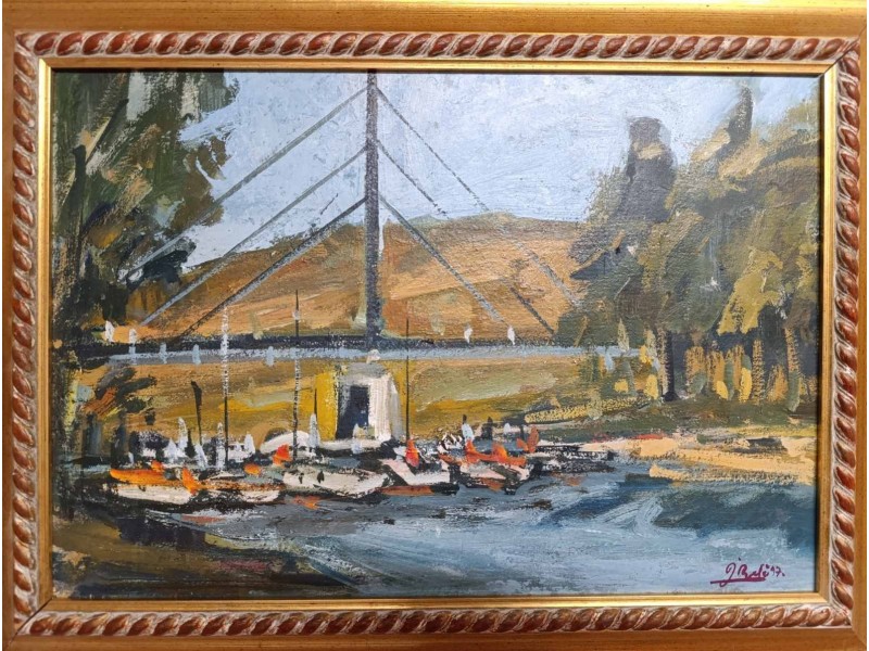 Most, rukavac i barke, ulje uramljeno 59x45