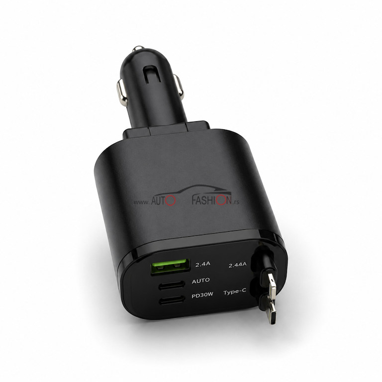 M4 Auto Punjač 5u1 PD 30W – USB, USB-C, Lightning, Teleskopski