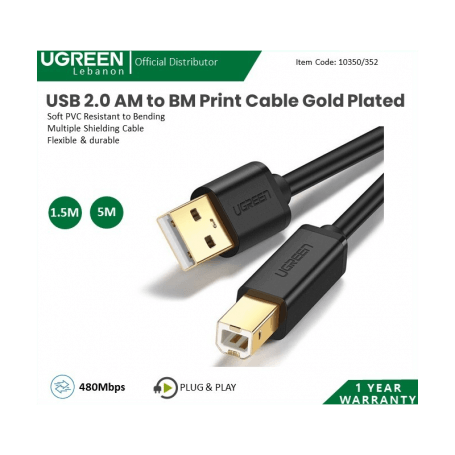 KABL USB UGREEN 2.0 US135 USB-A NA USB-B CRNI 1.5M ZA ŠTAMPAČ *TH *SR
