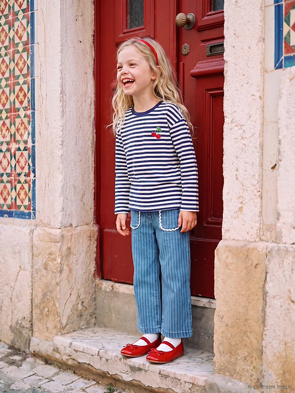 LCW Kids Majica Sa Okruglim Izrezom, Prugasta, Vezena, Za Devojčice