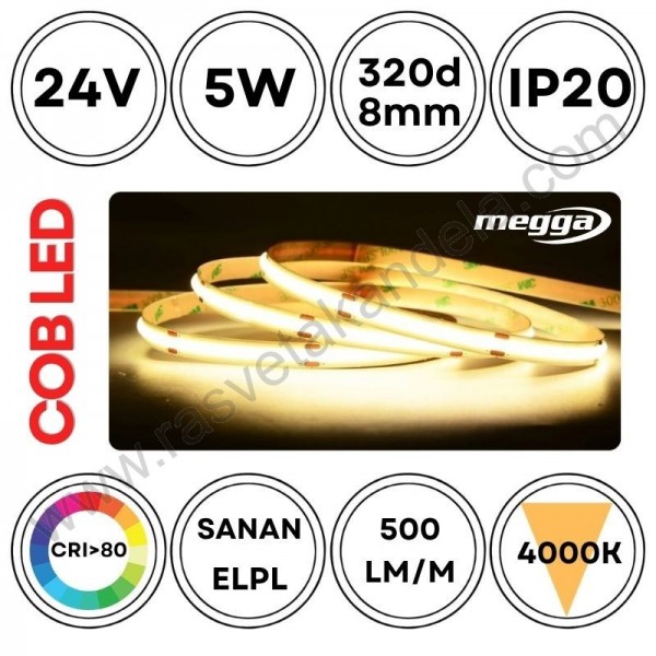 Led traka COB LED 5W 4000K 320d 24V IP20 10m Flexy SANAN
