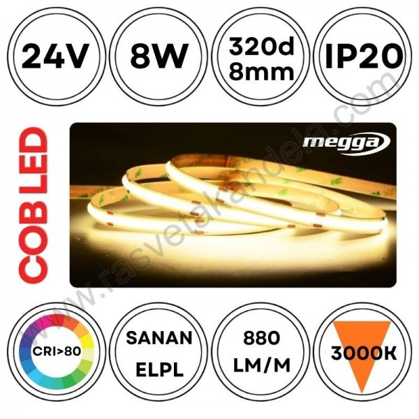 Led traka COB LED 8W 3000K 320d 24V IP20 10m Flexy SANAN