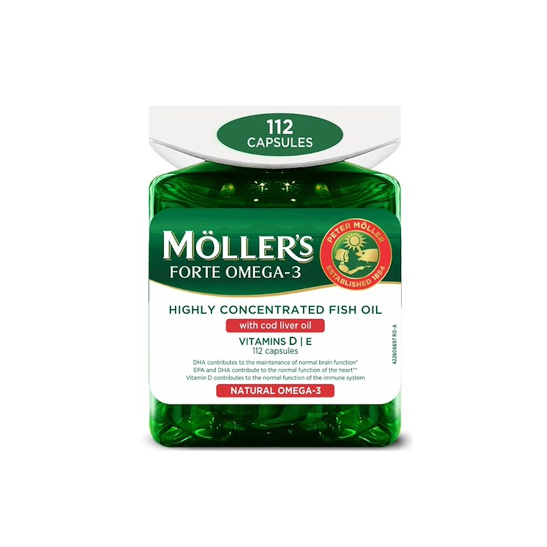Möller's Forte Omega-3 112 Kapsula; Riblje Ulje i Ulje Jetre Bakalara sa Vitaminom D i E