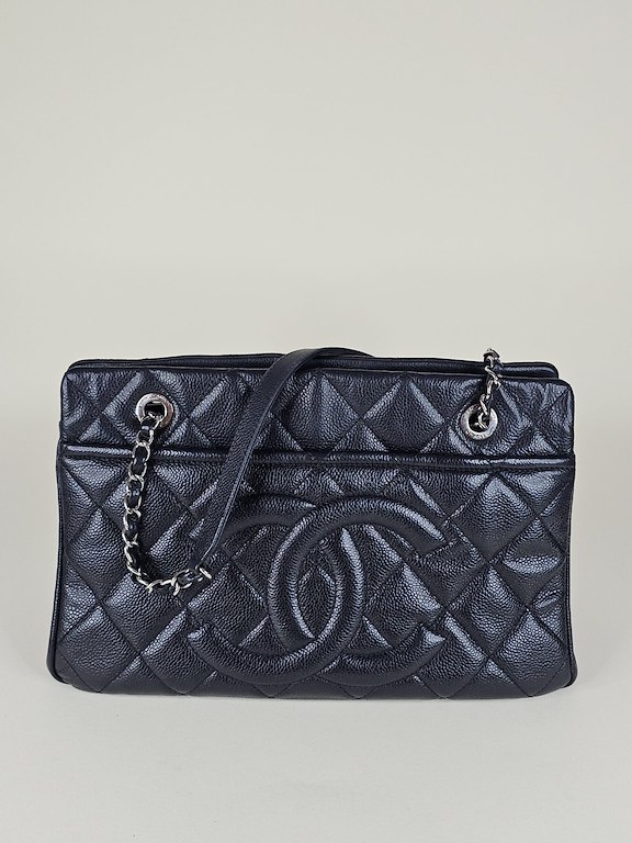 Chanel Black Quilted Caviar Leather Timeless CC Soft Shopping Tote Bag