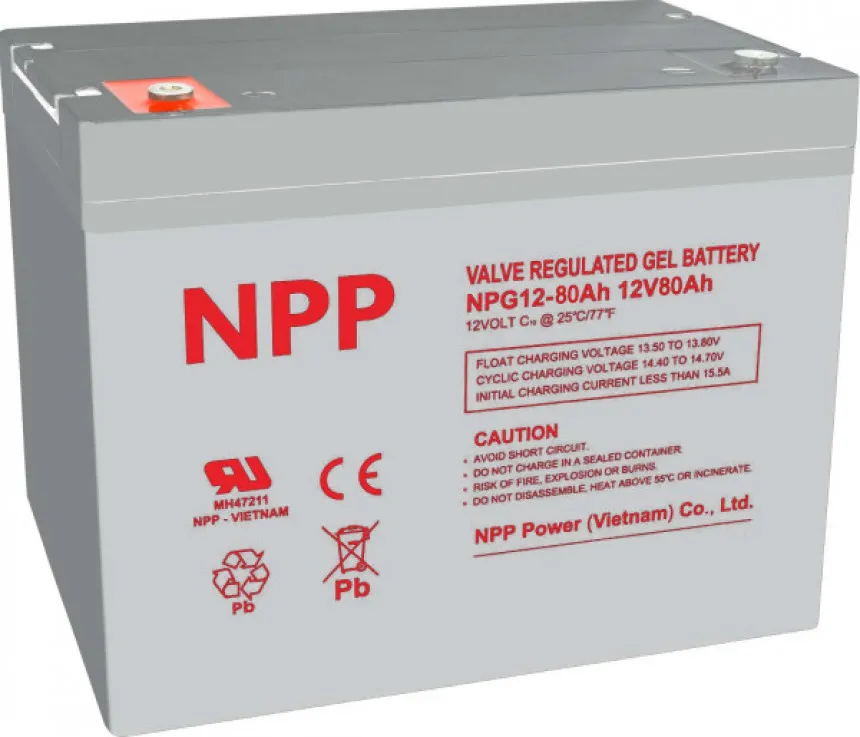 NPP NPG12V-80Ah, GEL BATTERY, C20=80AH, T16, 330x171x214x220, 22,6KG, Light grey 43877