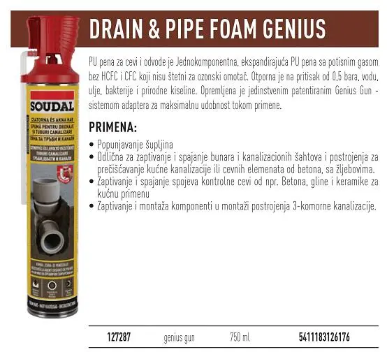 SOUDAL PIPE FOAM 0.750 pur pena za bunare