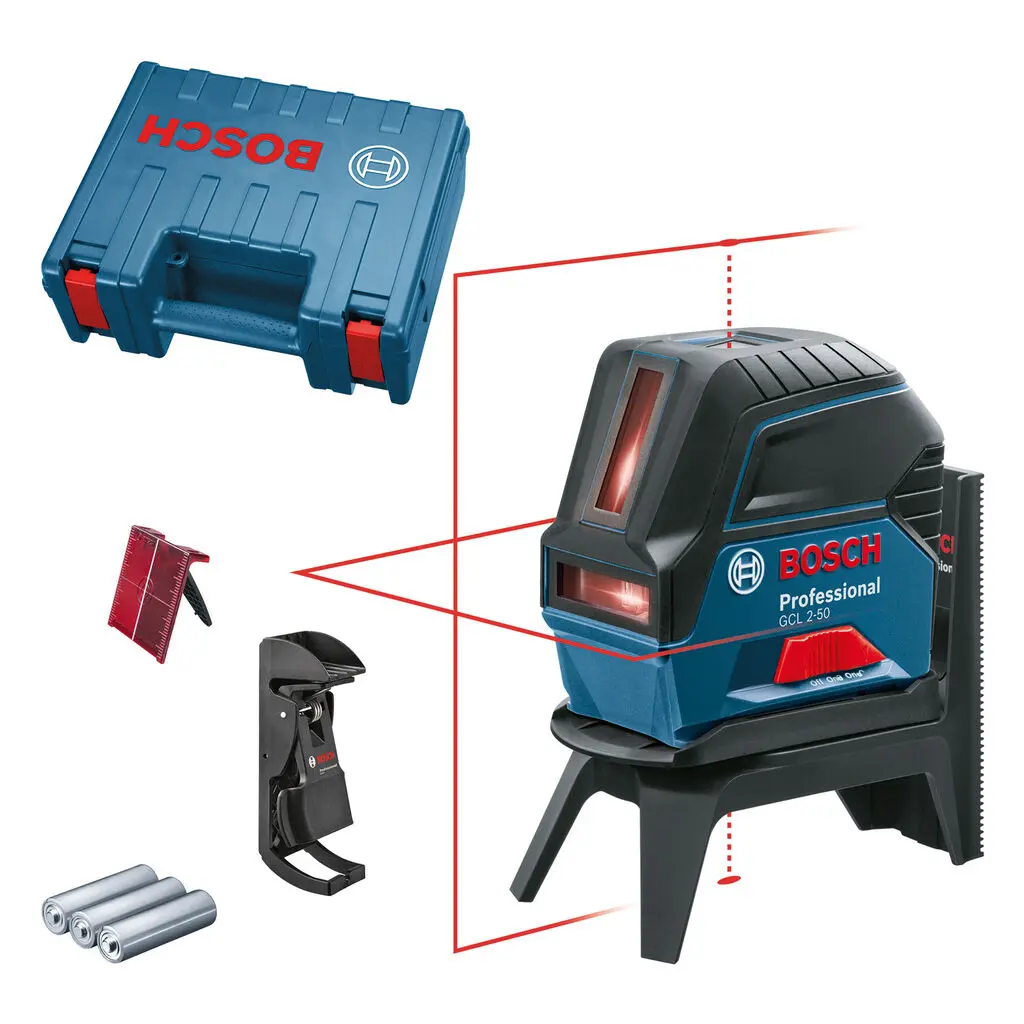 Bosch Laser za ukrštene linije GCL 2-50, Punjač VARTA, 2×1.2 V HR6 (AA) punjive baterije, L‑Boxx 136, 0601066F02