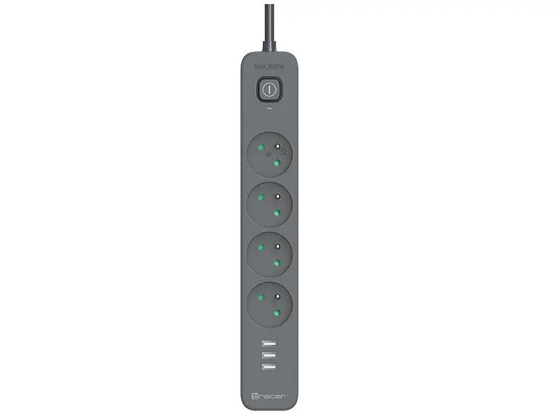 Tracer Produžni kabl TRALIS47026, Sa prenaponskom zaštitom i prekidačem, 3 USB porta, 4 utičnice, 1.5 m, Sivi