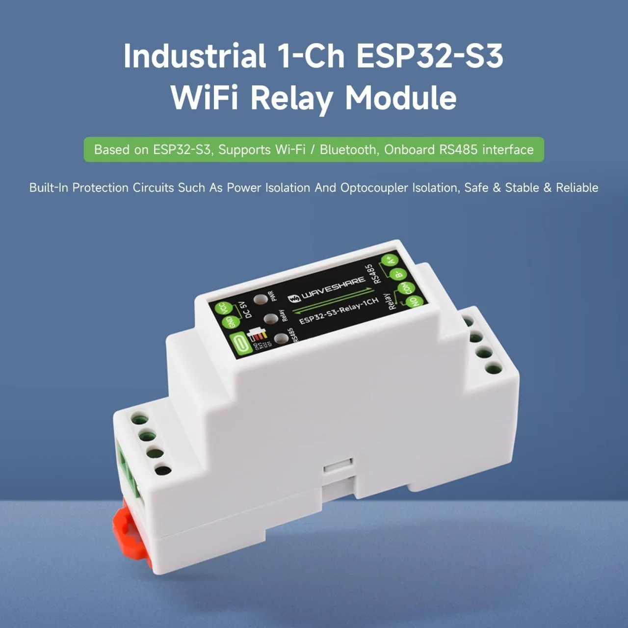 ESP32-S3-Relay-1CH industrijski pametni Wi-Fi relej za DIN šinu (Wi-Fi / Bluetooth / RS485)