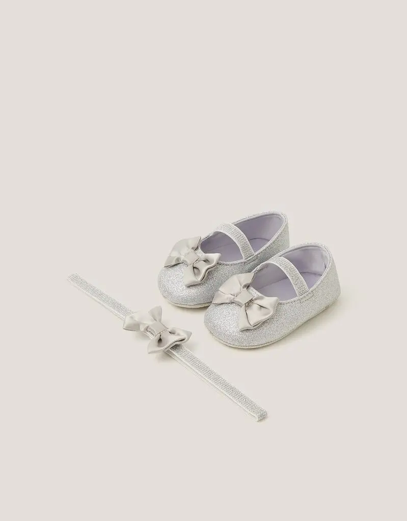 Monsoon Set za bebe cipelice i traka za kosu, Srebrne boje