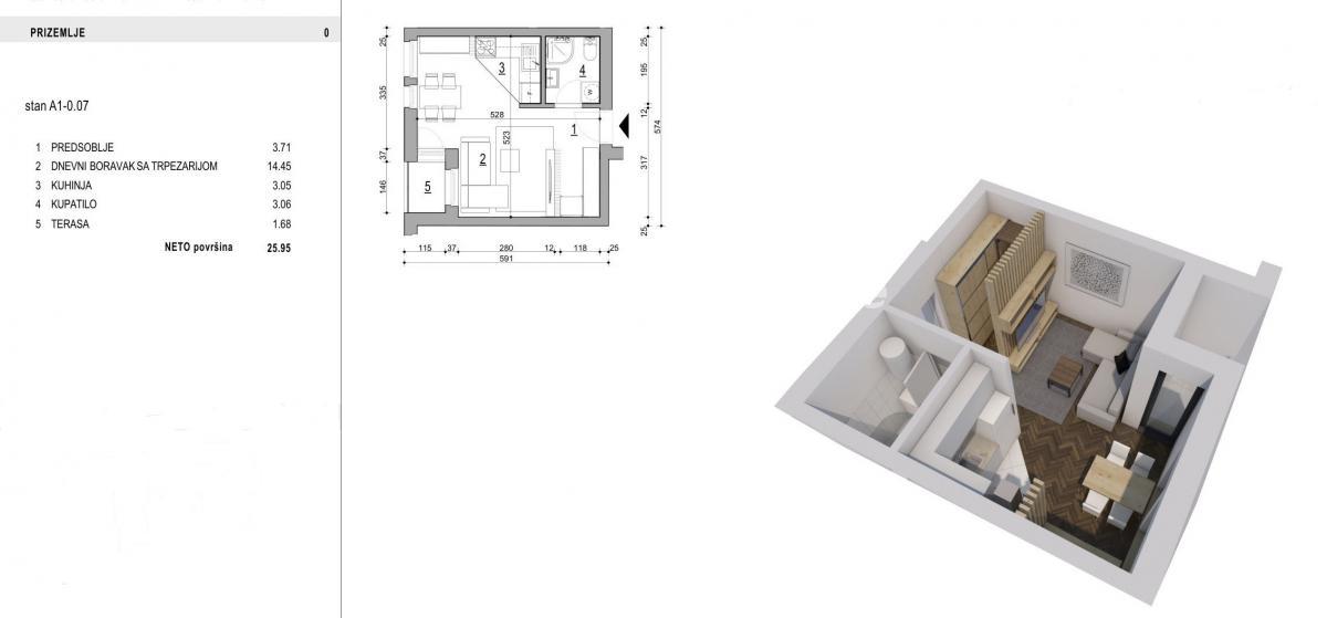 Garsonjera na prodaju, Petrovaradin, Novi Sad, 26m², 77.840 €