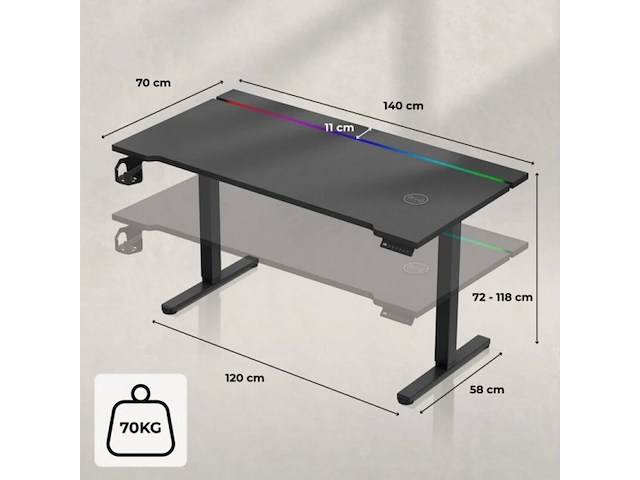 Huzaro Hero 8.7 RGB Električni podesivi gaming sto 140x70cm, Crni