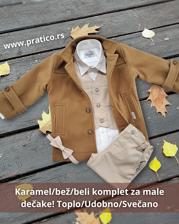 Karamel/bež/beli komplet za male dečake sa kaputom