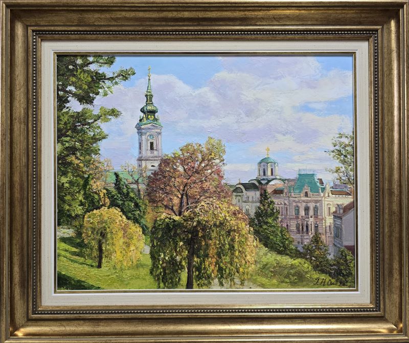 Saborna crkva velika, Olja Nikonova, ulje na platnu, sa 55×65 cm, bez 40×50 cm, uramljena, sertifikat, 48380 dinara