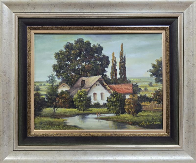 Salaš, Sava Stojkov, ulje na lesonitu, sa 49×59 cm, bez 30×40 cm. uramljena, 2000.god, sertifikat, 118000 dinara