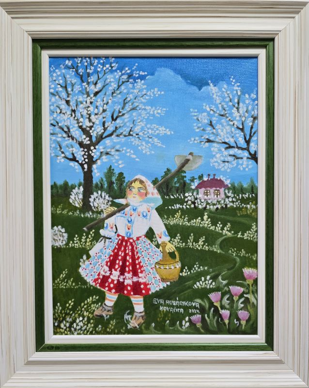 Proleće, Eva Husarikova, Naiva Kovačica, ulje na platnu, uramljena, sa 52×42 cm, bez 40×30 cm, 2024., sertifikat, 70800 dinara