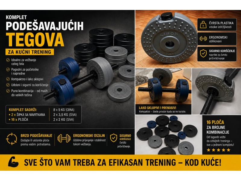 Podesivi tegovi za vežbanje – 2 šipke + 16 ploča